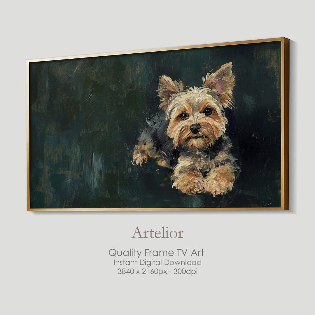 Yorkie Dog Painting Frame TV Art, Forest Green Cozy Pet Decor, Cute ...