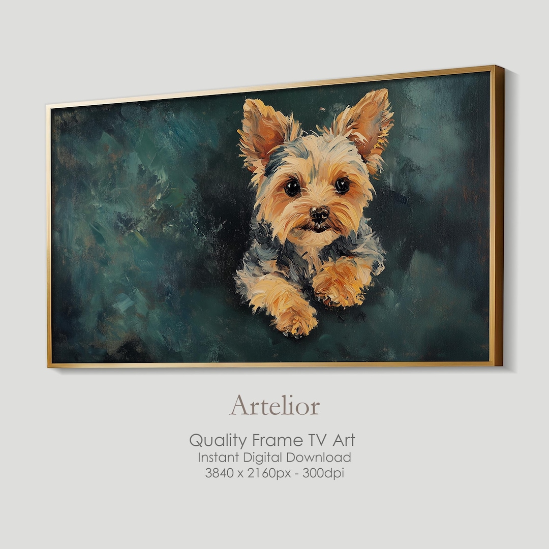 Yorkshire Terrier Painting Frame TV Art, Cute Yorkie Puppy With Fluffy ...