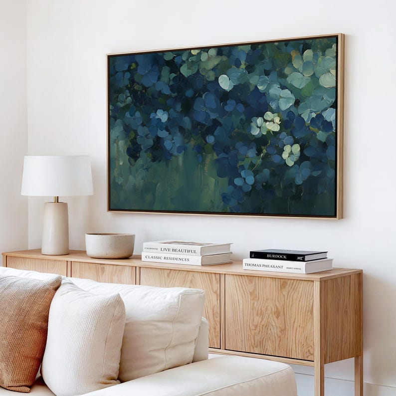Blue Hydrangea Framed Canvas Wall Art, Blue and Dark Teal Green Flower ...
