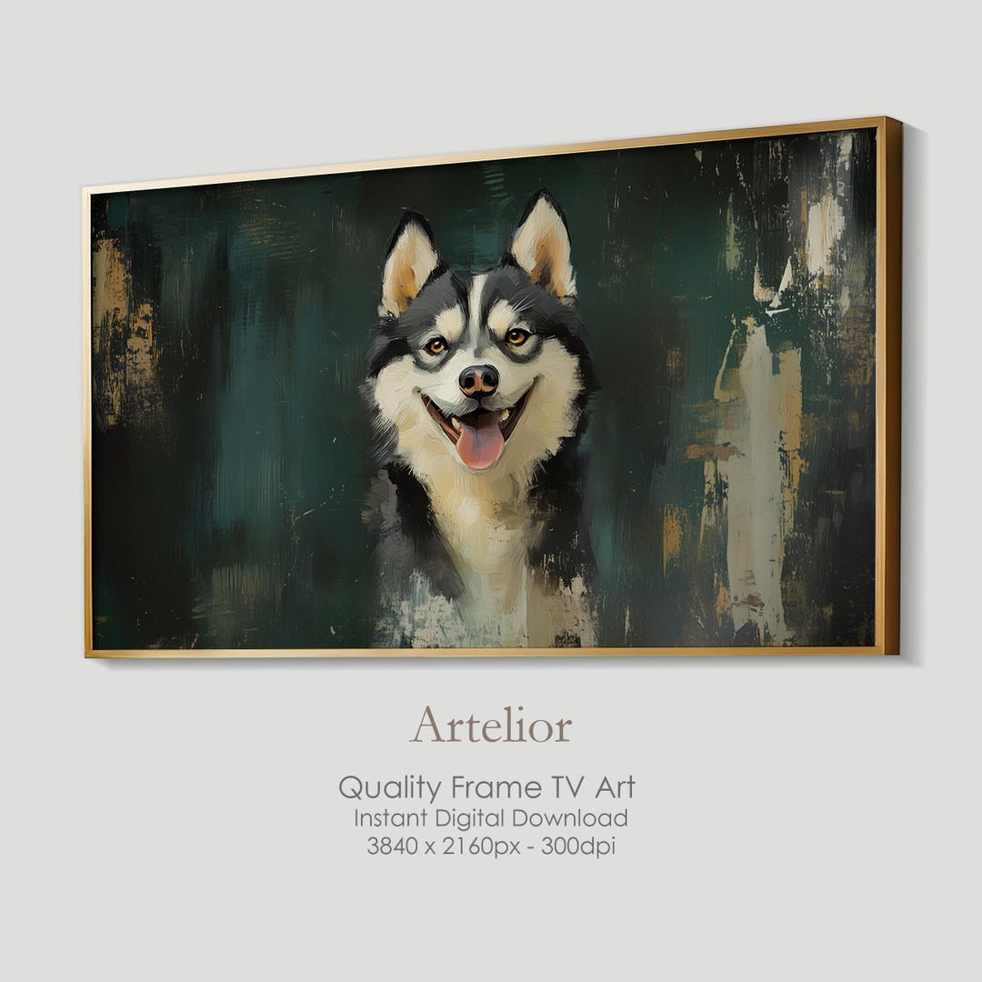 Smiling Husky Dog Painting Frame TV Art, Rustic Dark Green Husky ...