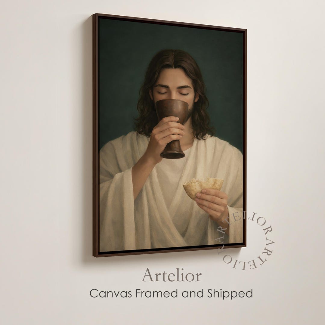 Holy Communion Jesus Portrait Framed Canvas, Last Supper Bread and Cup ...