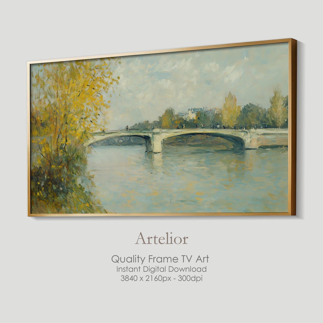 Golden River Bridge Autumn Scene Frame TV Art, Vintage Landscape Oil ...