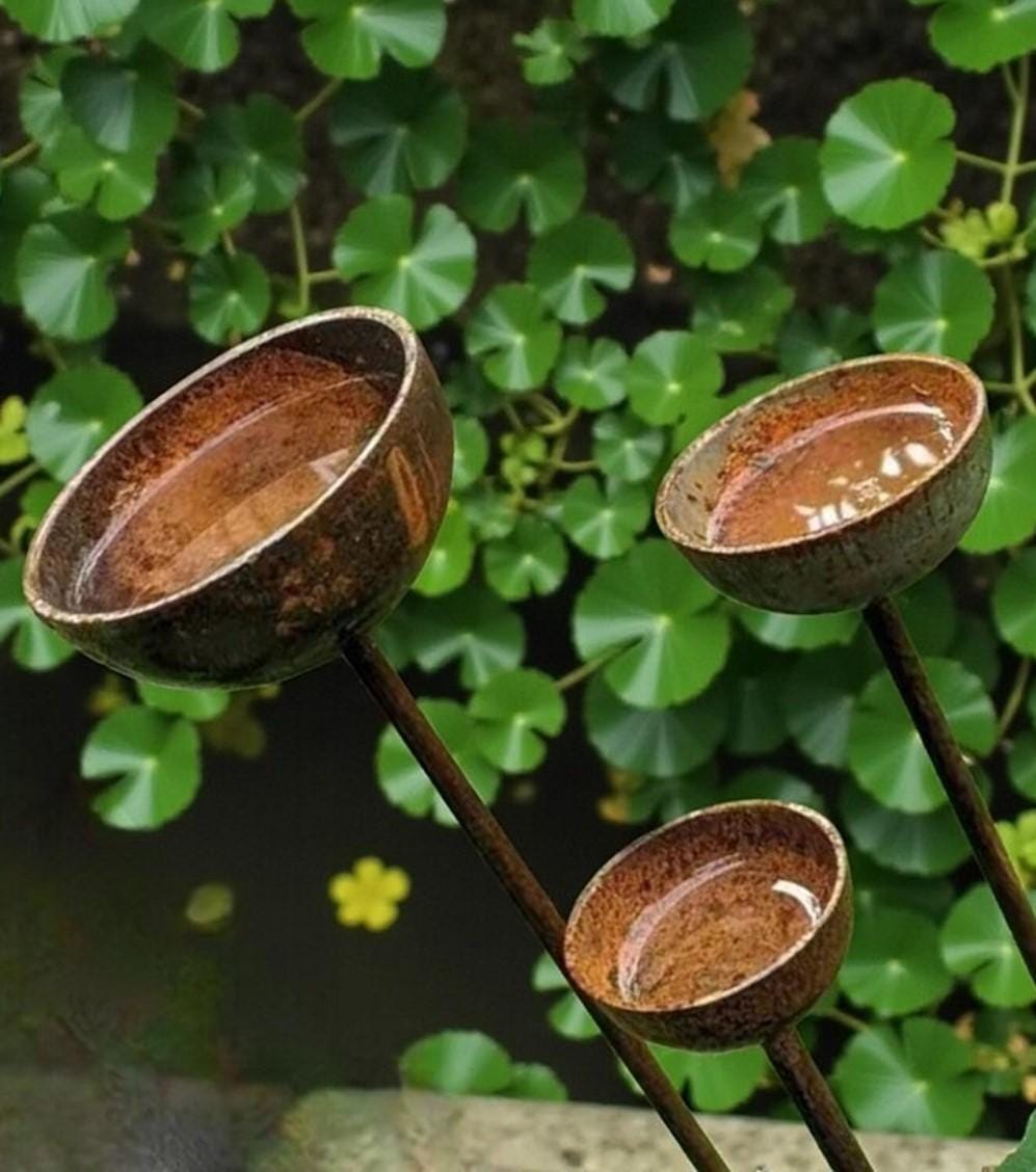 Set of 3 Metal Rain Catcher Stakes – Rustic Water Bowls for Garden ...