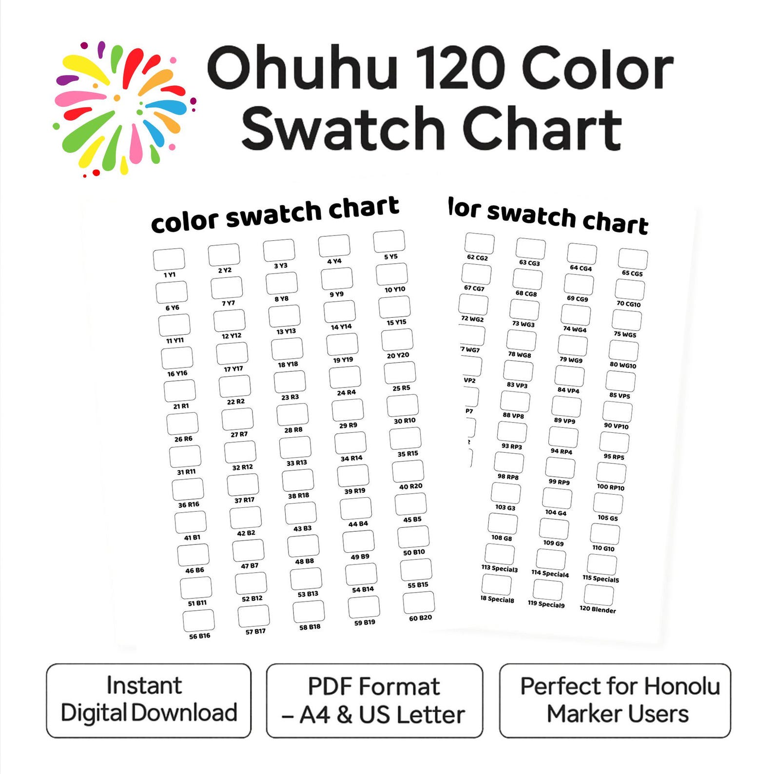 Ohuhu 120 Color Swatch Chart: Printable PDF & JPG (instant Download) - Etsy