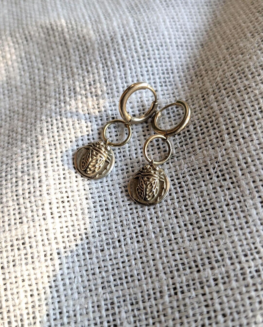 Ancient Inset Brass Beetle Fossil Earrings, Gold Insect Earrings ...