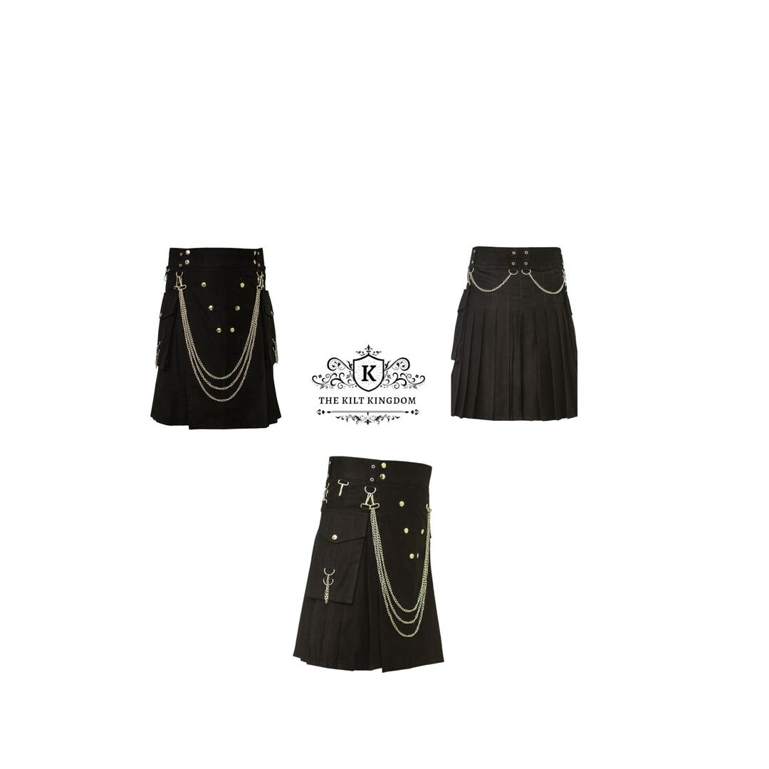 Men’s Black Gothic Utility Kilt With Chains Handmade Steampunk Tactical ...