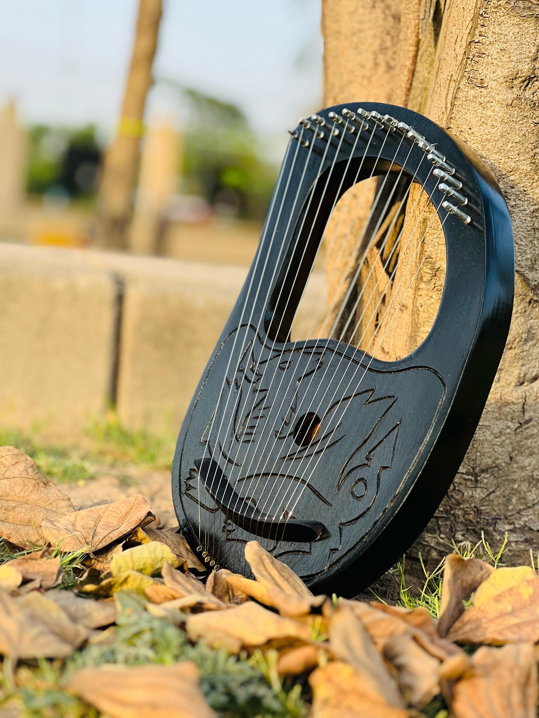 Handmade Black Lyre Harp Mystic Black Dragon Design Lyre 15 Metal Strings With Free Bag Tuning ...
