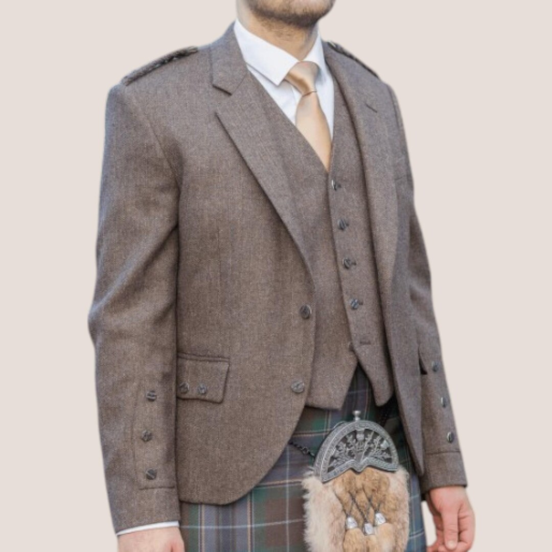 Men's Brown Crail Kilt Jacket With Waistcoat Scottish Tweed Highland ...
