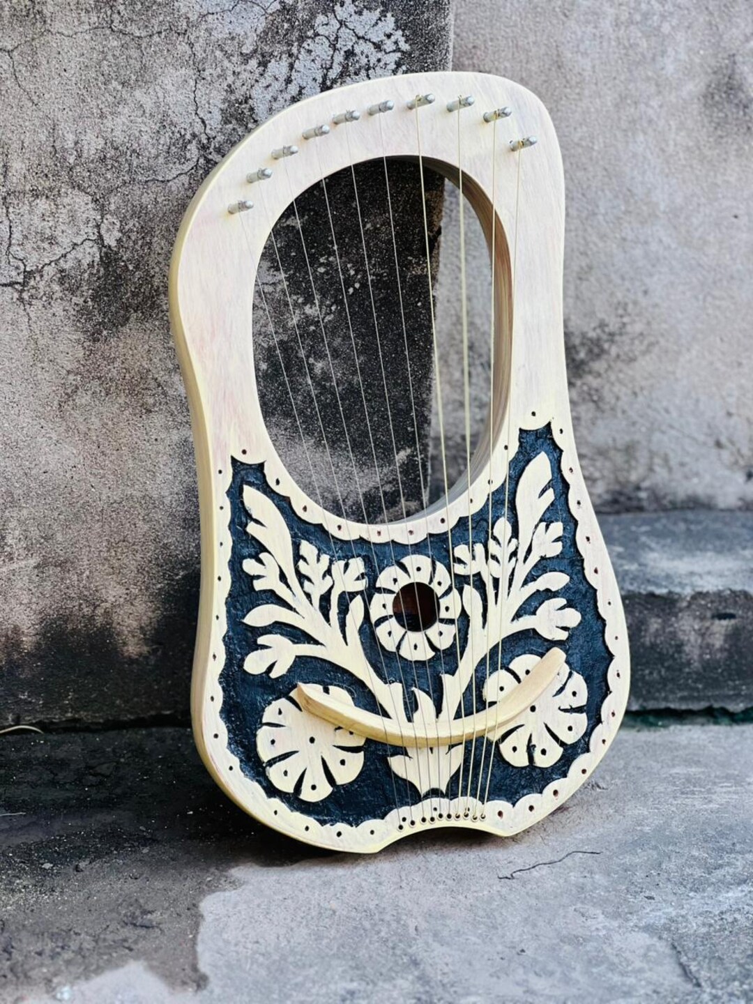 Handmade White and Black New Flower Lyre Harp Rosewood 10 Strings Lyre ...