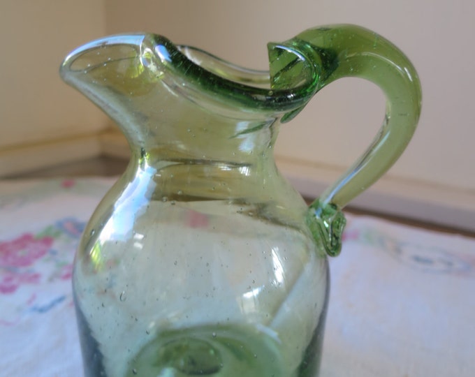 Vintage Blenko Pitcher Green Glass Small 5 Inches Hand Blown Pitcher ...