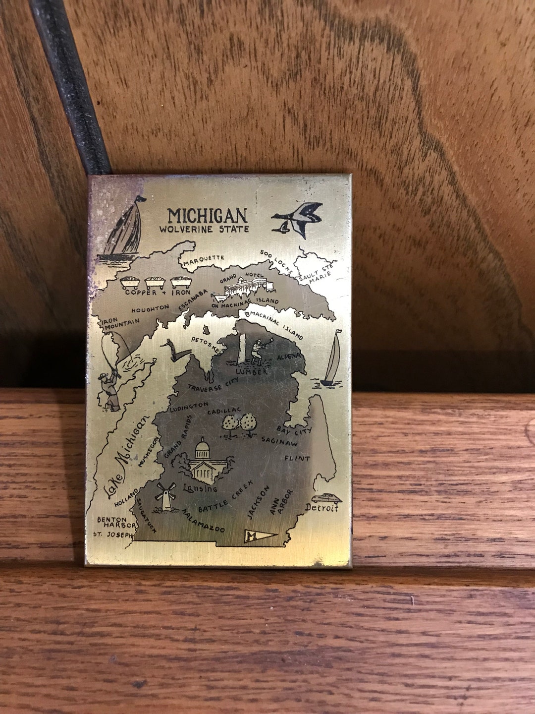 Brass Michigan Map Compact Hinged W/ Snap Clasp Mirror Lid Powder Well ...