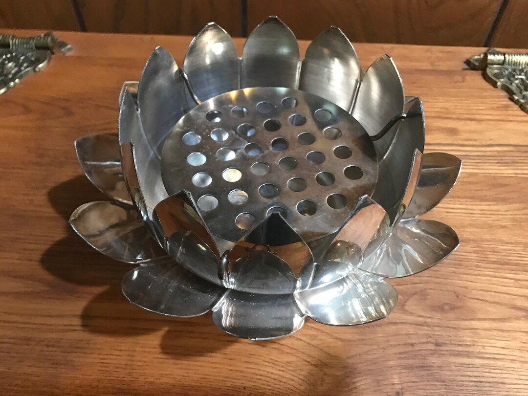 Silver Lotus Bowl W/ Floral Frog Insert Leonard Silver Plate on Copper ...