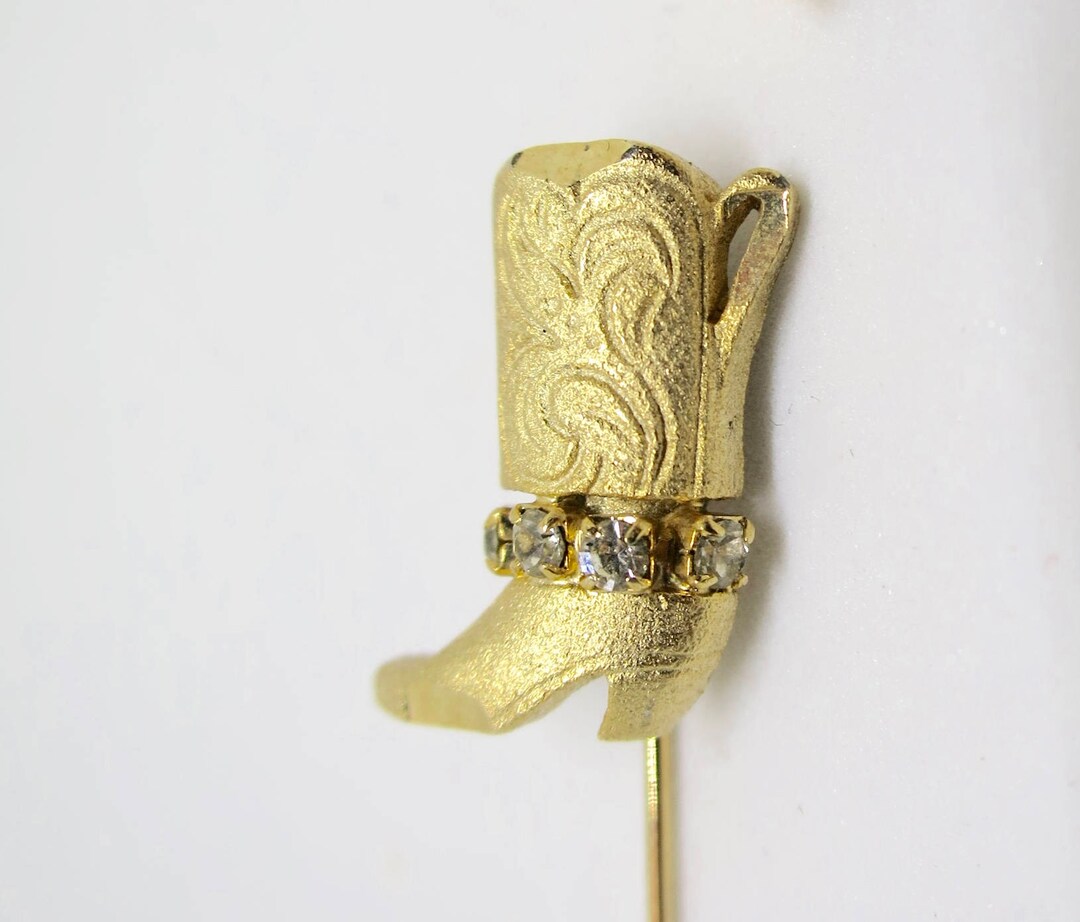 Cowboy Boot Stick Pin Brooch Gold Diamond Engraved Details Rhinestone ...