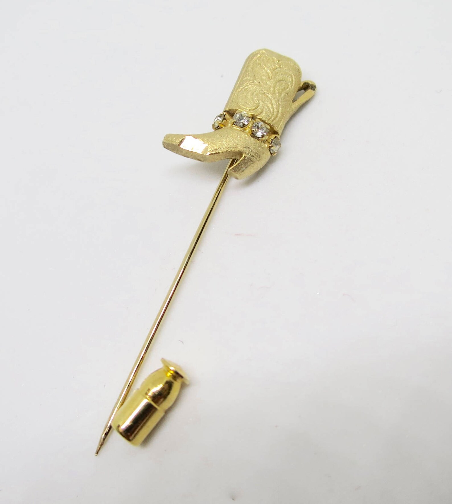Cowboy Boot Stick Pin Brooch Gold Diamond Engraved Details Rhinestone ...
