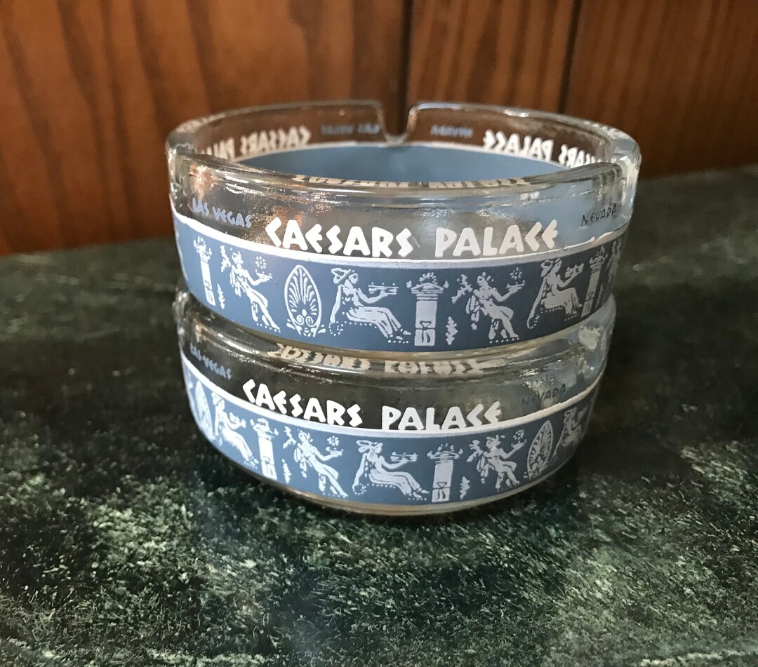 2 Caesar's Palace Ashtrays Round Clear Glass Blue Background Cigarette ...