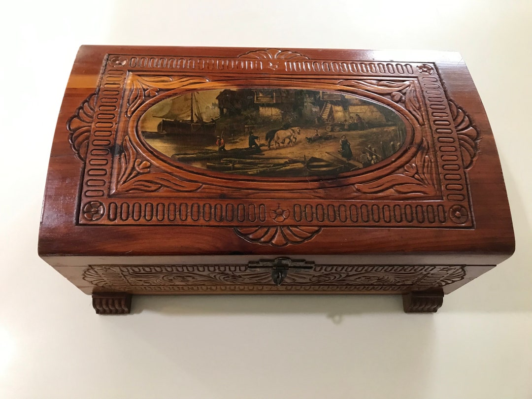 Antique Cedar Box Decoupage Top Impressed Design Lid Mirror Footed ...