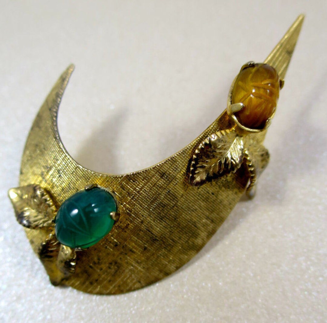Arthur Pepper Moon Scarab Brooch Signed Carved Stone Scarabs Leaf ...