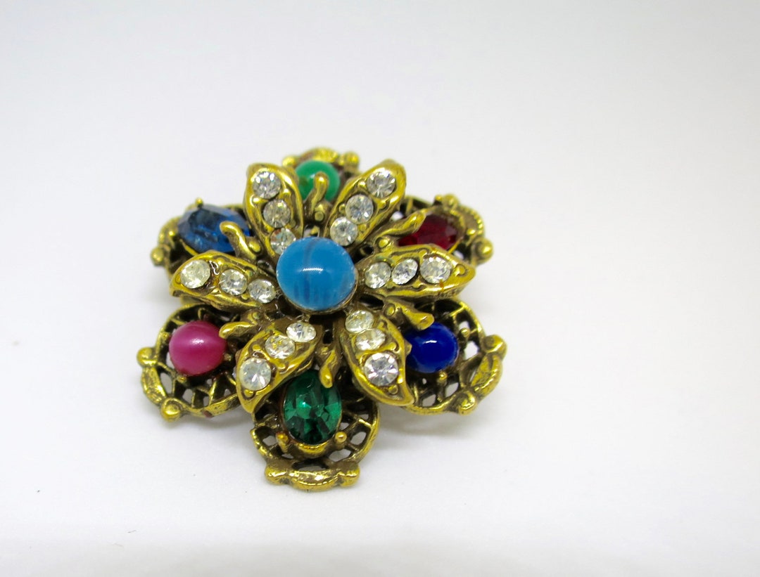 Rhinestone Art Glass Flower Brooch Multicolor Stones Layered Petals ...