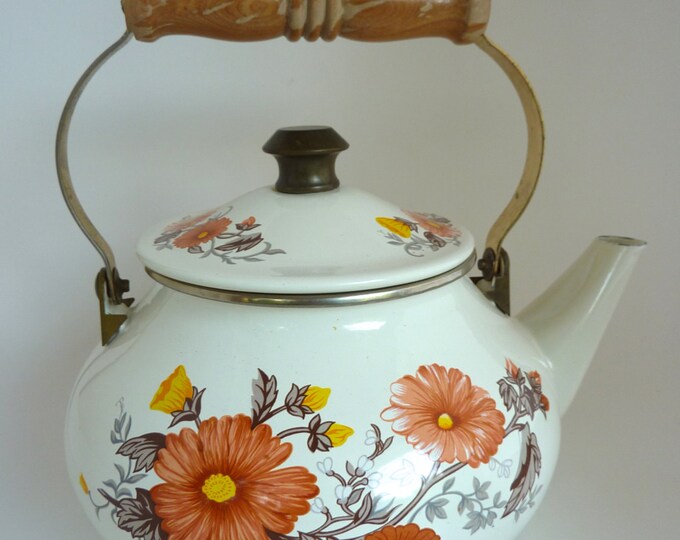 White Enamel Tea Kettle Floral Design - Etsy