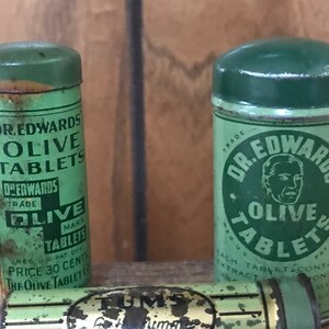 3 Green Metal Tablet Tins 1 Tums Tin, 2 Dr Edwards Olive Tablets ...