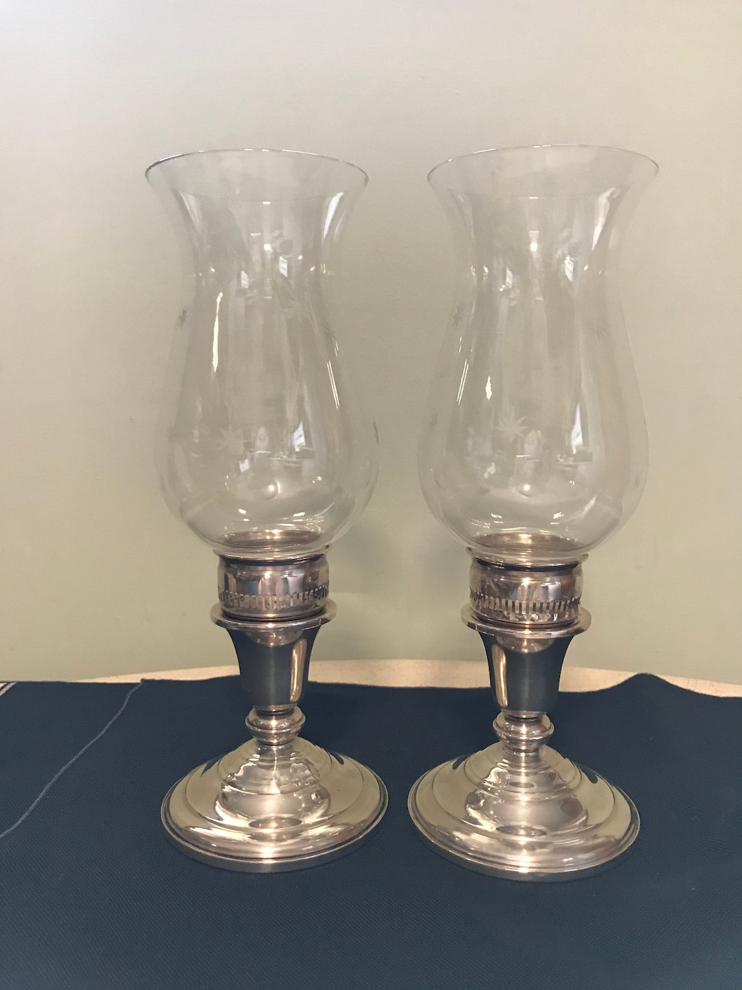 Frank M Whiting Sterling Candlestick Pr. Cut Glass Hurricanes W/ Stars ...