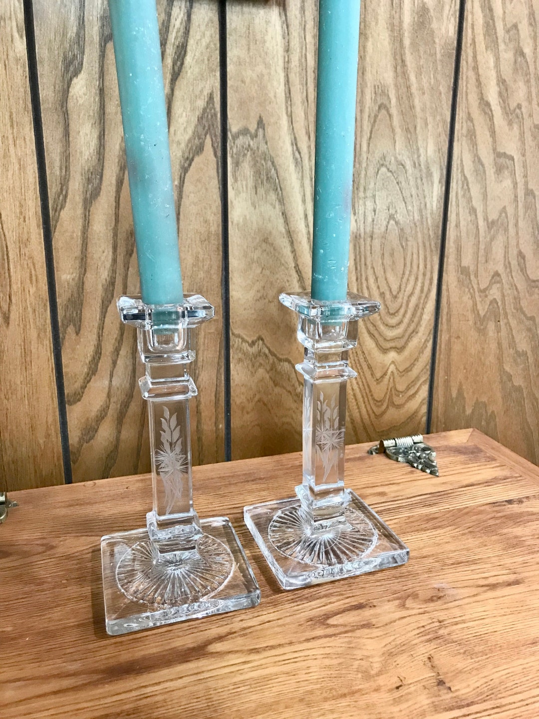 Antique Square Glass Candlestick Pair Wheel Cut Decorations Molded ...