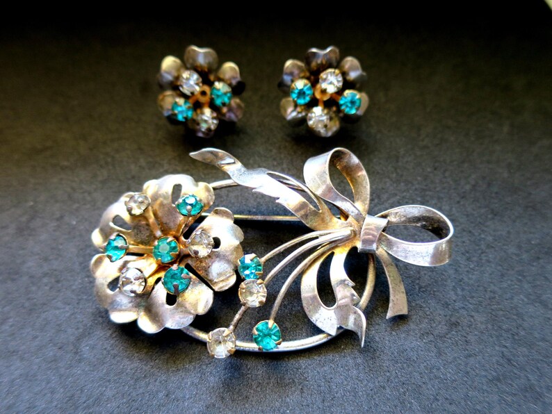 Leo Glass Sterling Brooch Earrings Set Signed Aqua Clear Rhinestone ...