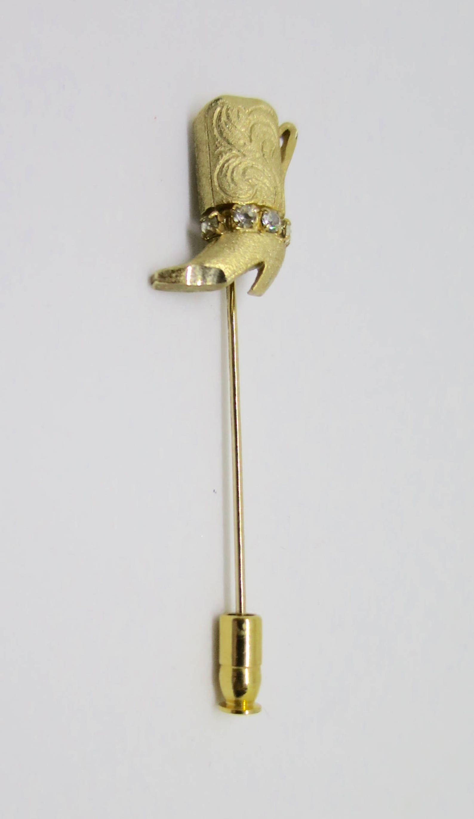 Cowboy Boot Stick Pin Brooch Gold Diamond Engraved Details Rhinestone ...