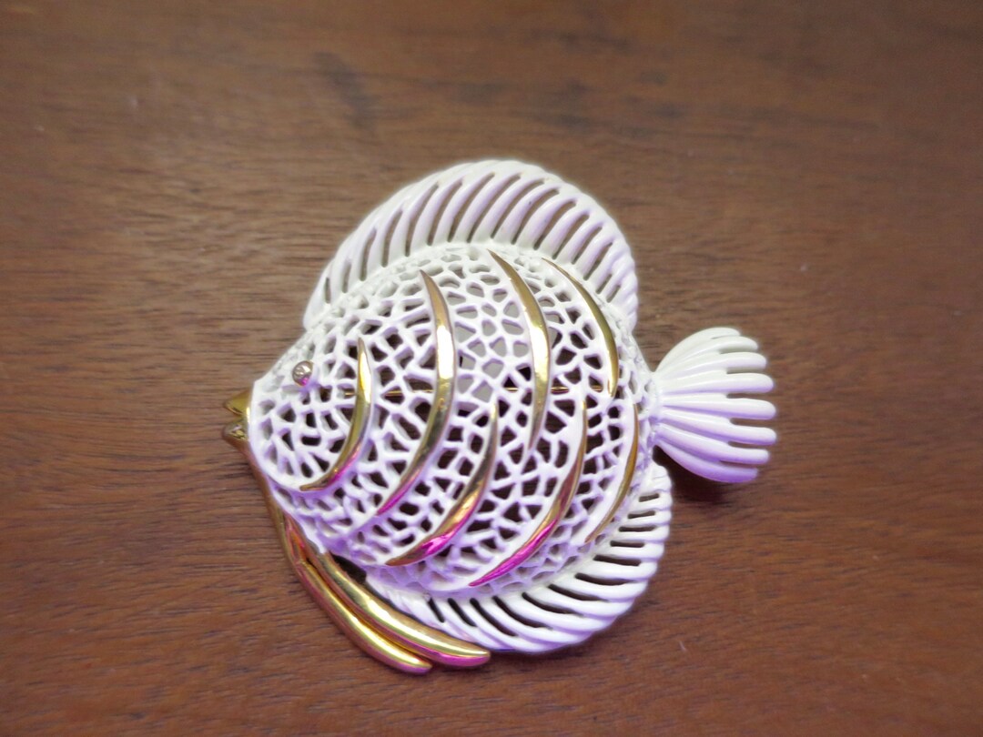 Monet Fish Brooch Big Bold Lacy Openwork White Enamel Gold Accents ...