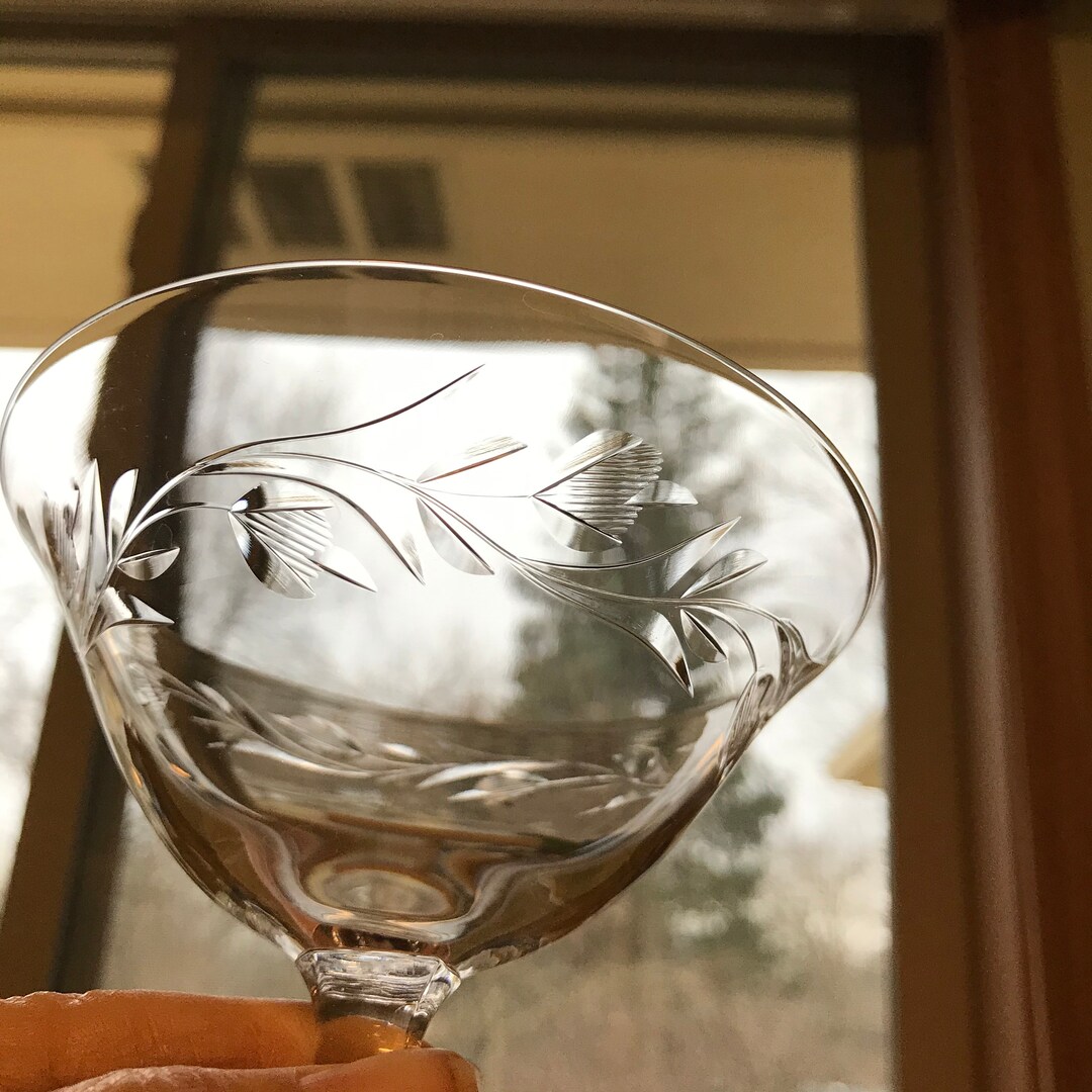 4 Stemmed Champagne Glasses Fine Cut Crystal Stemware Floral Vine ...