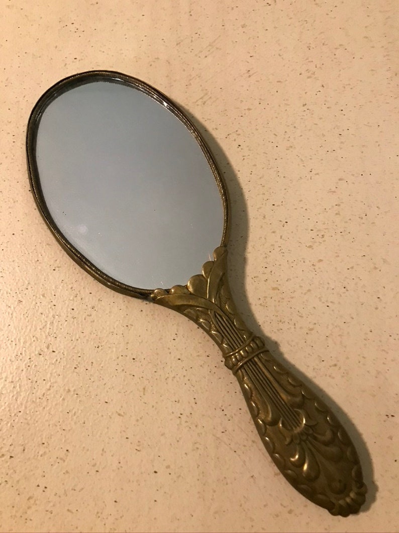 Art Nouveau Brass Hand Mirror French Repousse Back and Handle Vintage ...