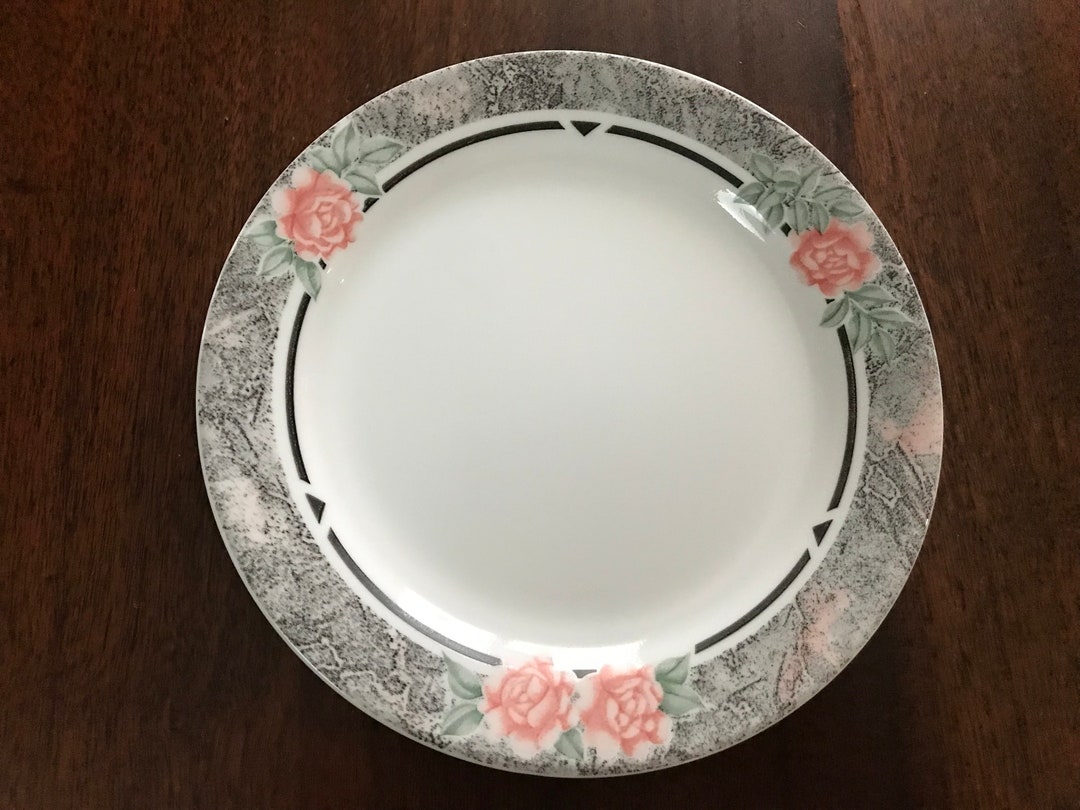 4 Corelle Silk and Roses Salad Plates Gray Band Pink Roses Microwavable ...