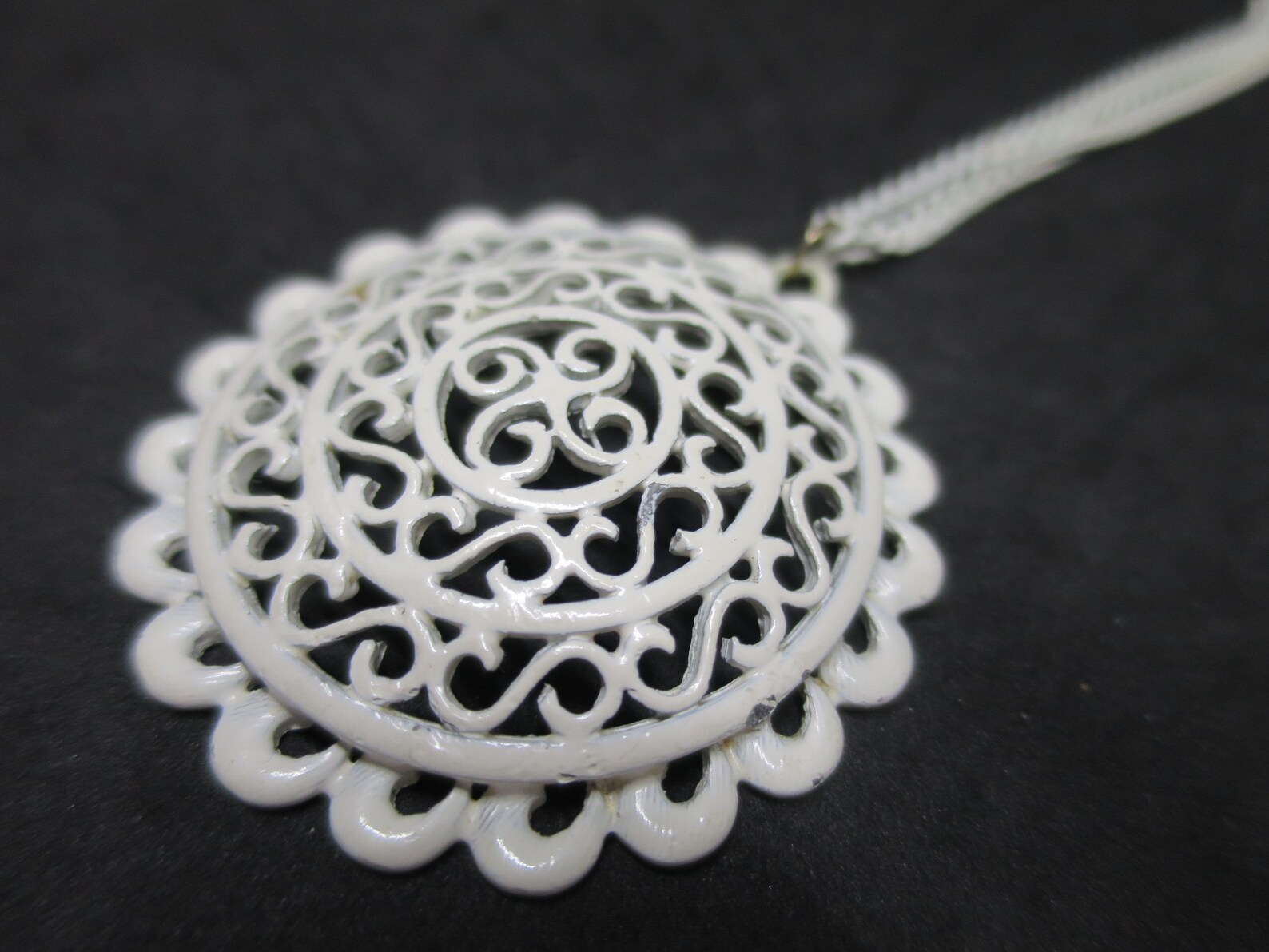 White Mod Necklace White Lacy Scroll Round Domed Openwork Medallion ...