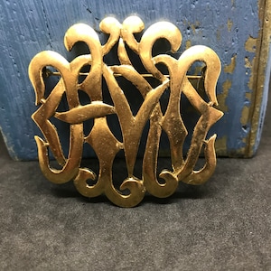 M. Jent Gold Monogram Style Brooch Intertwined Ribbon Gothic Style ...