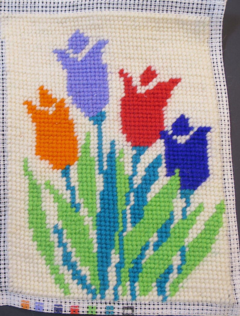 Tulips Needlepoint Completed 5 x 7 inches Red Blue Green | Etsy