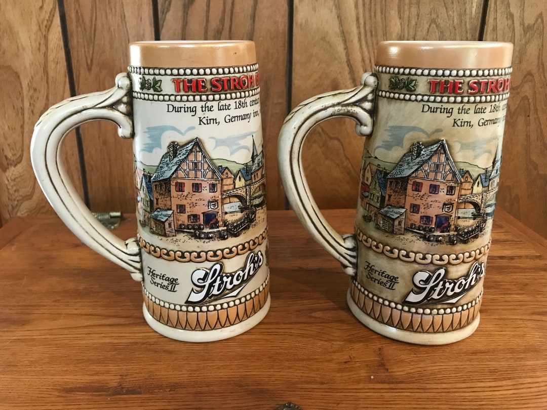 2 Stroh's Beer Steins, Pair His & Hers Ceramic German Village Scene ...