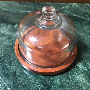 Glass Dome Cheese Plate Solid Wood Base Mid Century Vintage 1970s Snack ...