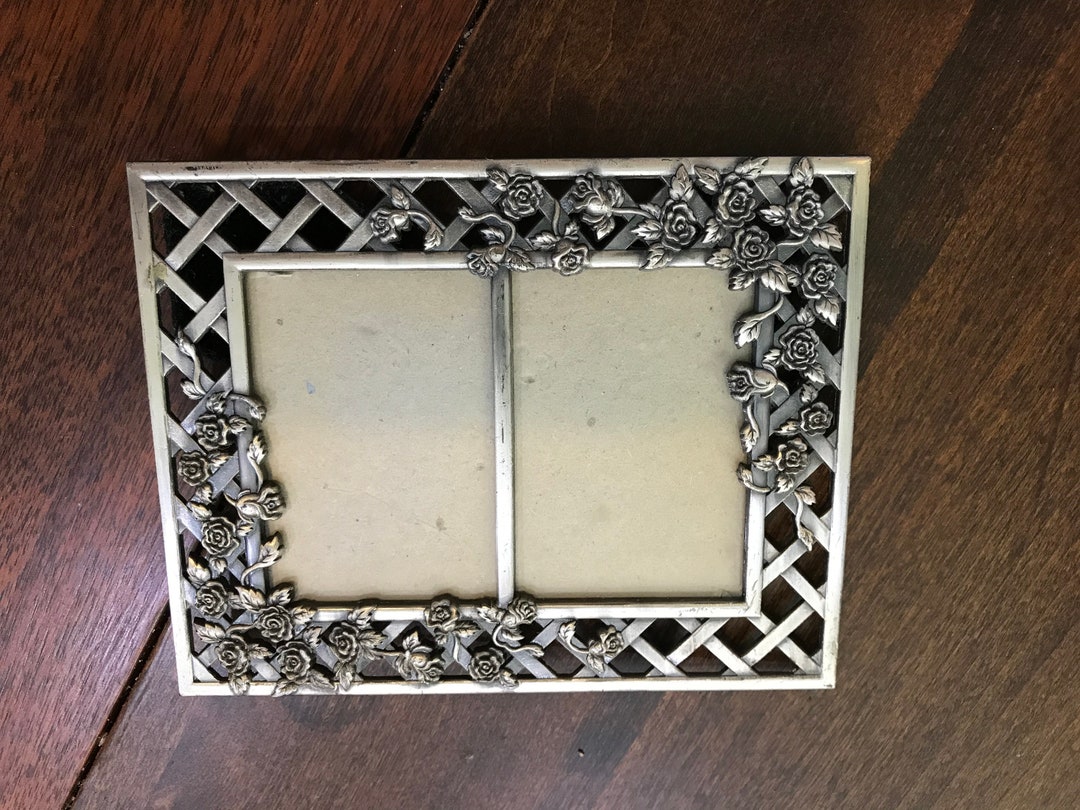 Rose Trellis Double Photo Frame Antique Pewter Finish Metal Climbing ...