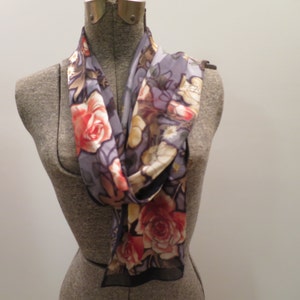 Anne Klein Roses Silk Scarf Long Semi Sheer Stripes Red Gold Roses Navy ...