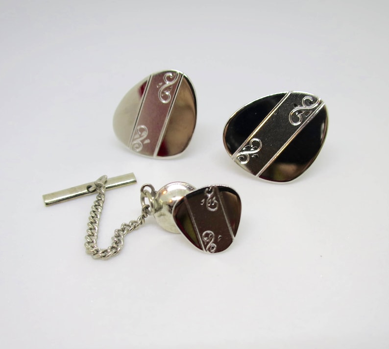 Silver Cuff Links Tie Tack Set Midcentury Modern W/ Diamond - Etsy