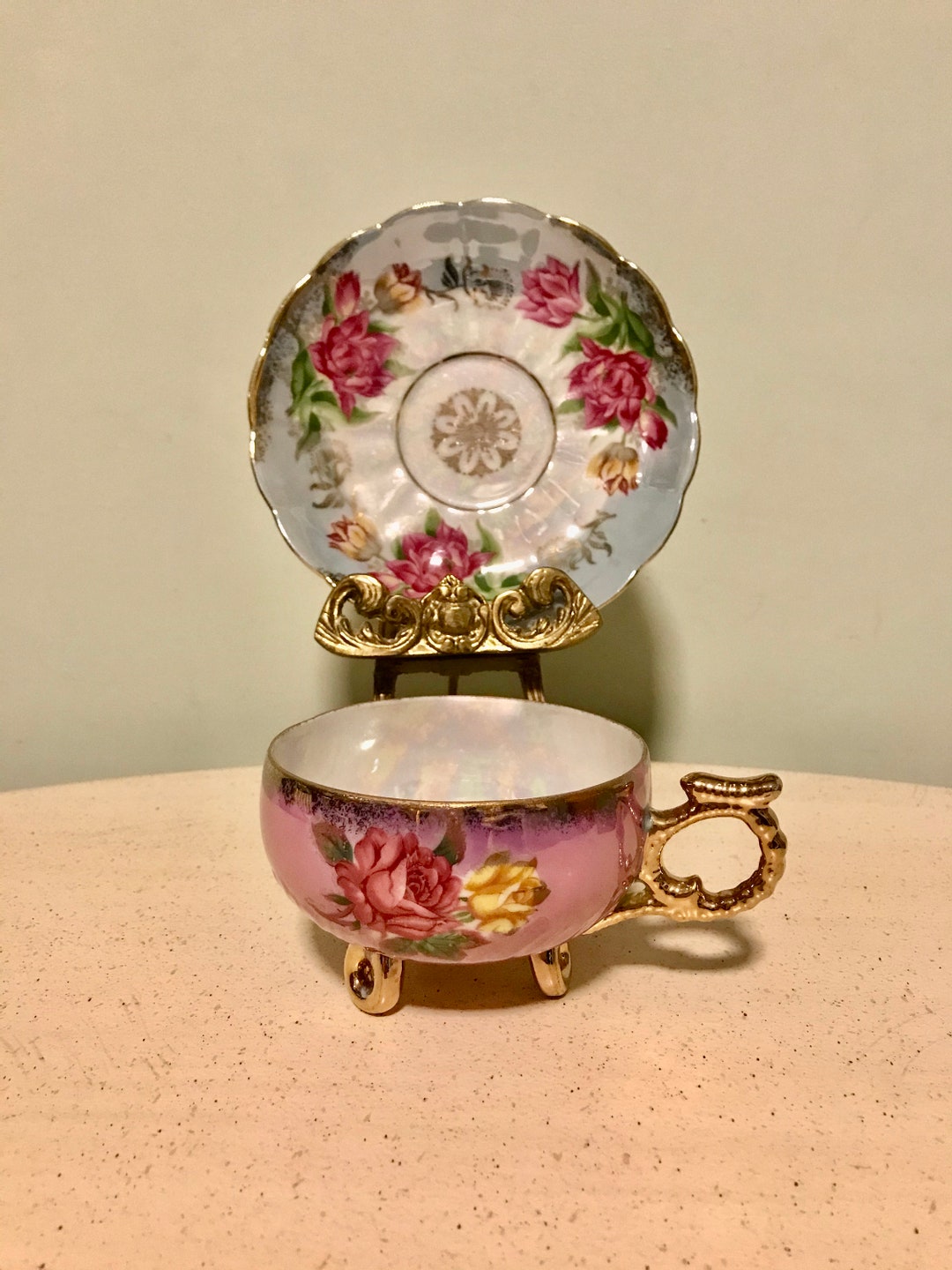Royal Halsey Roses Tea Cup/saucer Footed Gilt Handle Trim Purple ...