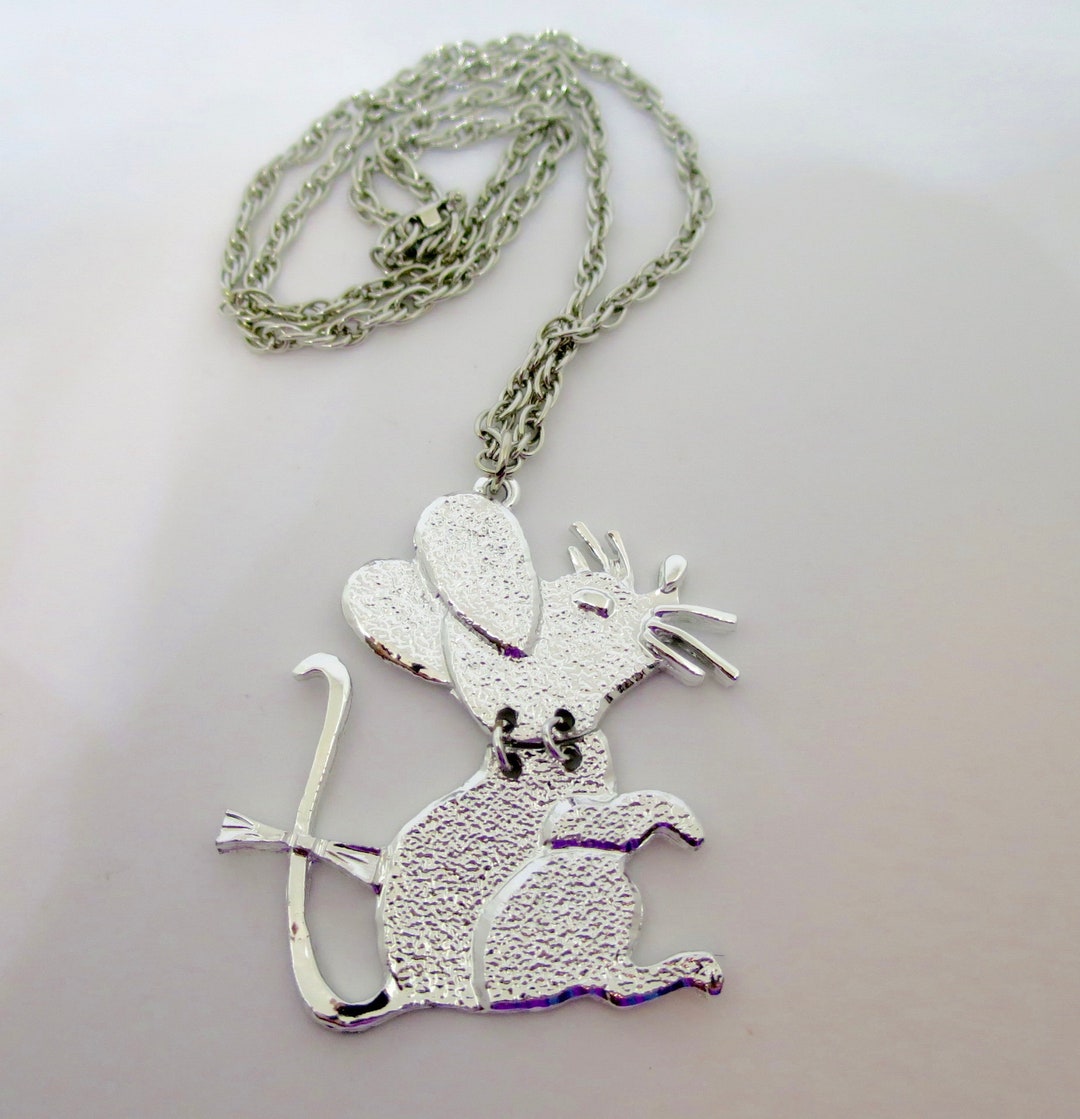 Mouse Pendant Necklace Articulated Moveable Lady Mouse W/ Bow Silver ...
