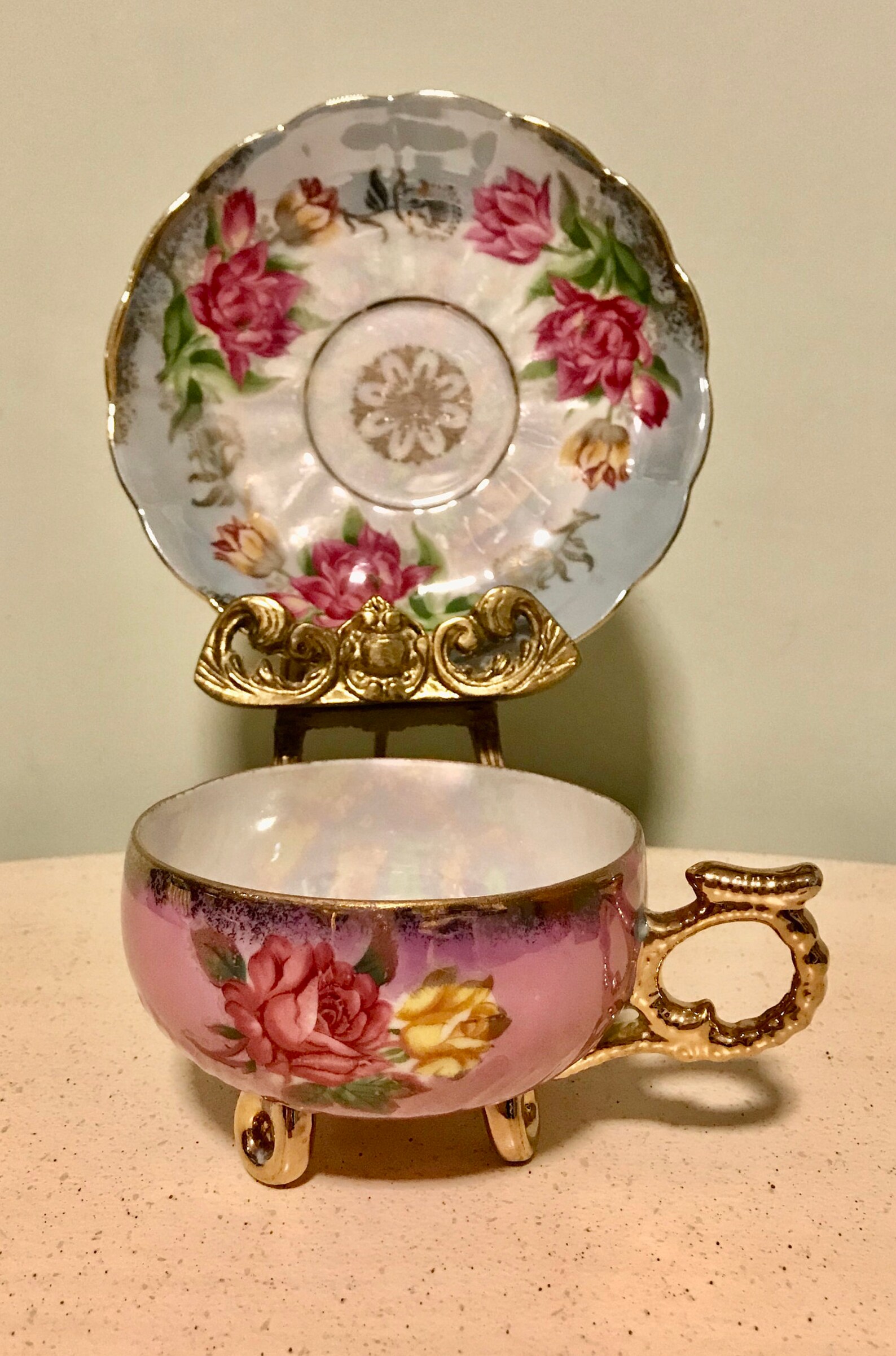 Royal Halsey Roses Tea Cup/saucer Footed Gilt Handle Trim - Etsy
