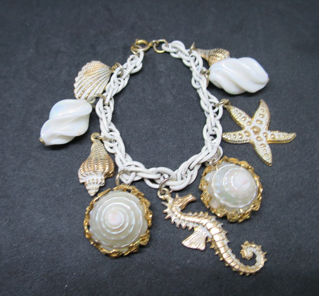 White Seashell Charm Bracelet MOP Shell, Art Glass Charms White ...