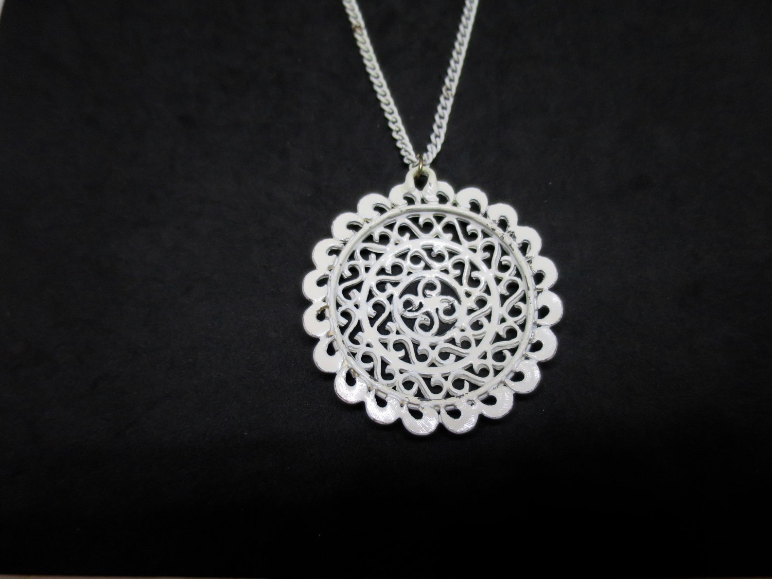 White Mod Necklace White Lacy Scroll Round Domed Openwork Medallion ...