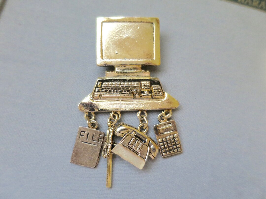 Computer Monitor W/ Keyboard Brooch 4 Gold Charms Calculator - Etsy