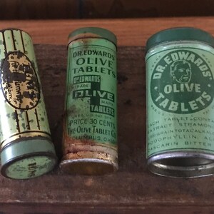 3 Green Metal Tablet Tins 1 Tums Tin, 2 Dr Edwards Olive Tablets ...