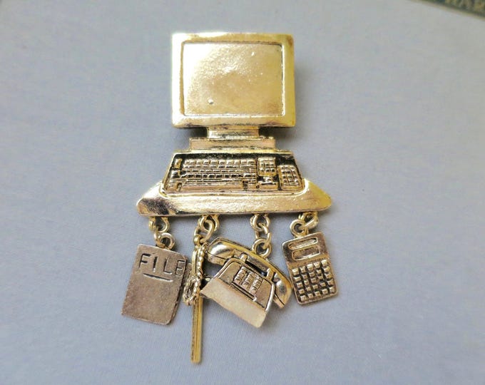 Computer Monitor W/ Keyboard Brooch 4 Gold Charms Calculator Rotary ...
