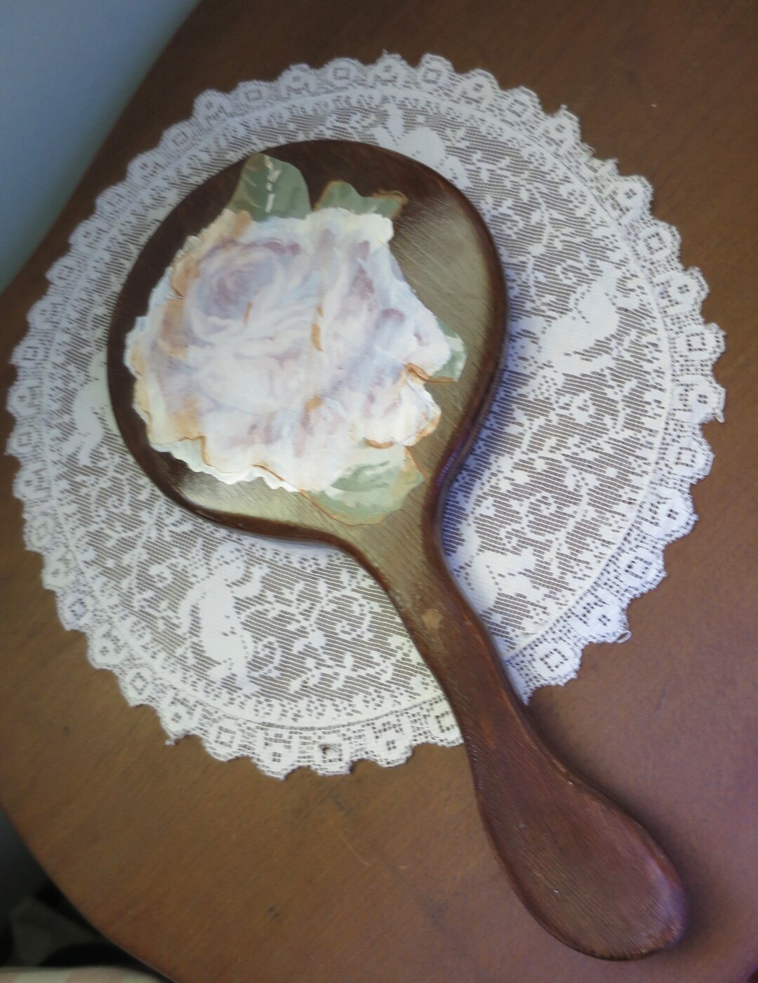 Wood Hand Mirror Rose Decoupage Gilt Paint Accents Hand Mirror 11.5 X 5 ...
