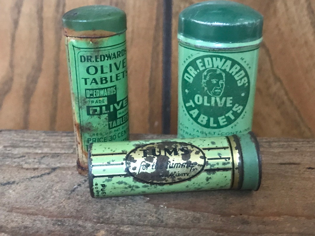 3 Green Metal Tablet Tins 1 Tums Tin, 2 Dr Edwards Olive Tablets ...